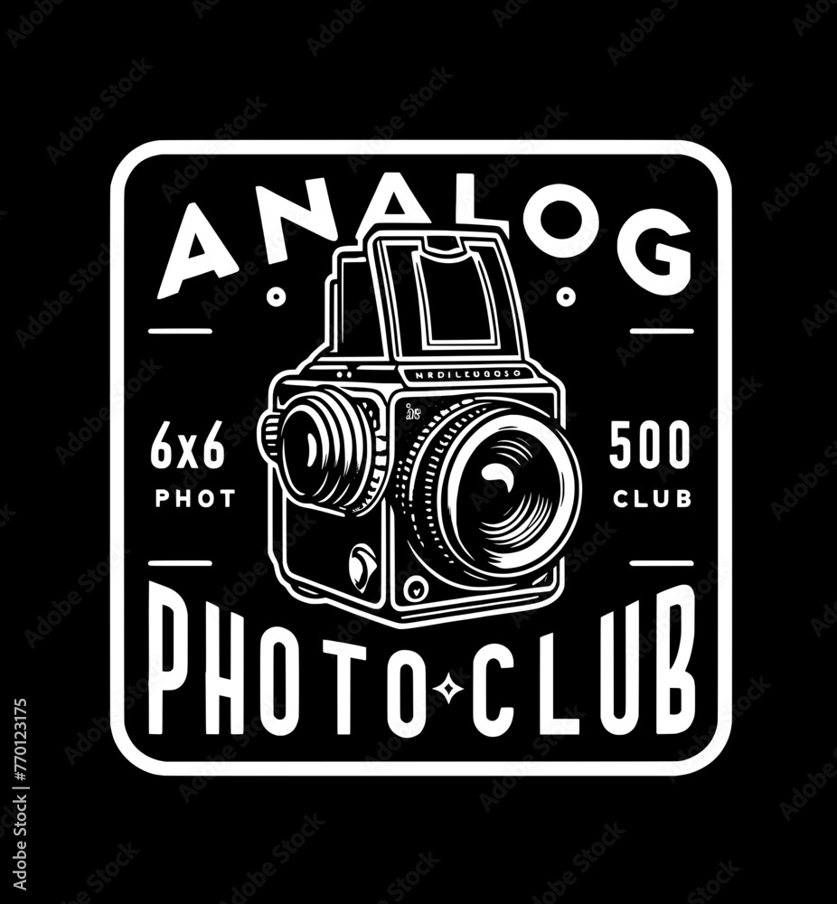 Stylized black and white drawing of a medium format camera within a 6x6 ...