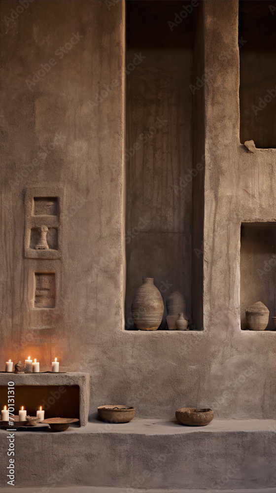 Earthen interior of a traditional mud house with niches and pottery ...