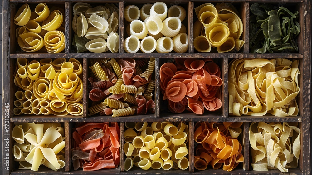 Pasta assorted. Set of different types of paste in the cells of a ...