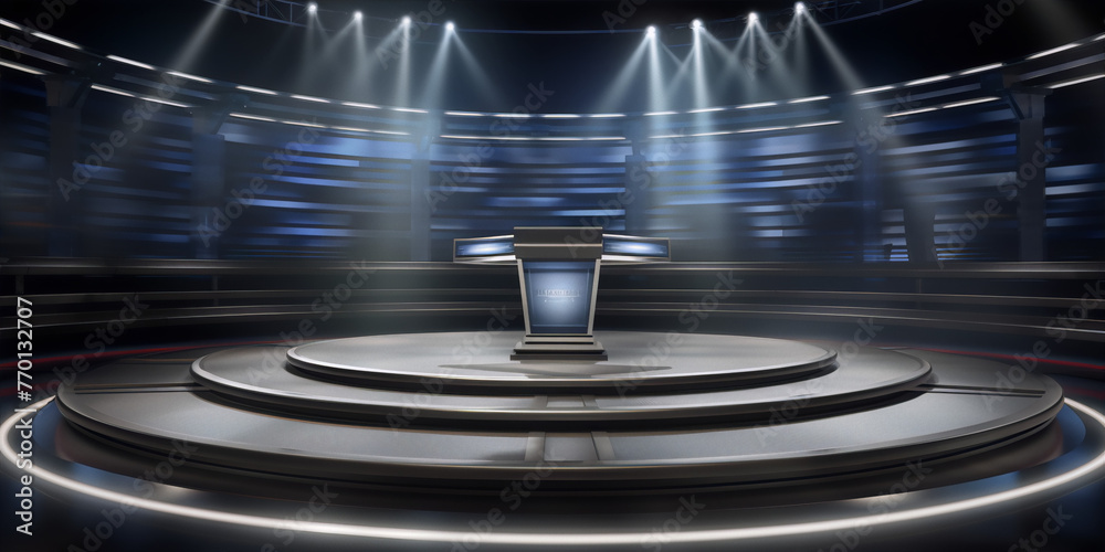 futuristic game show stage with podium and spotlights, interior, 3d ...