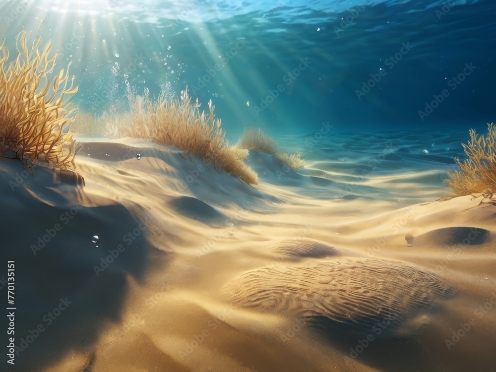 sand underwater, depicting grains of sand gently illuminated by ...