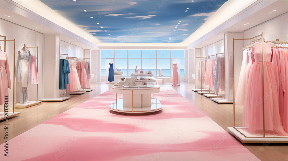 Pink and blue pastel color palette clothing store interior design with ...