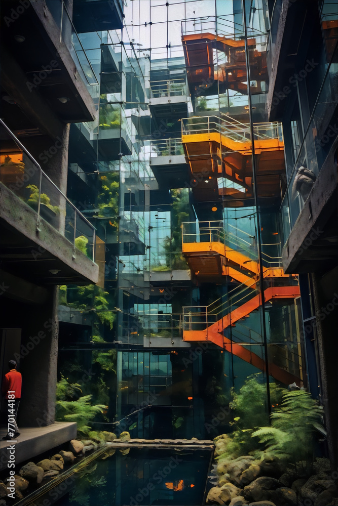 Futuristic atrium with glass walls, orange staircases and lush greenery ...