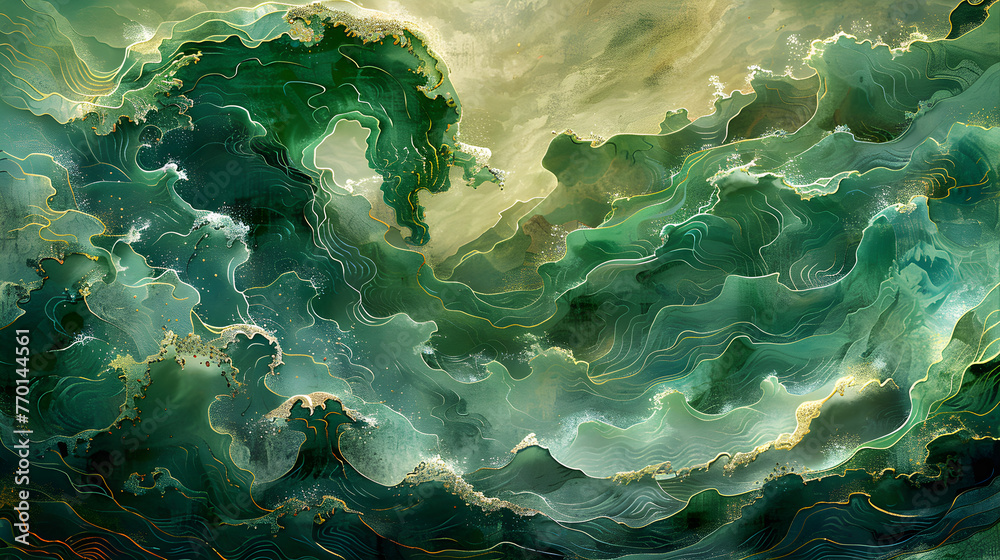 Emerald green dynamic wave, Japanese paper texture Katsushika Hokusai ...