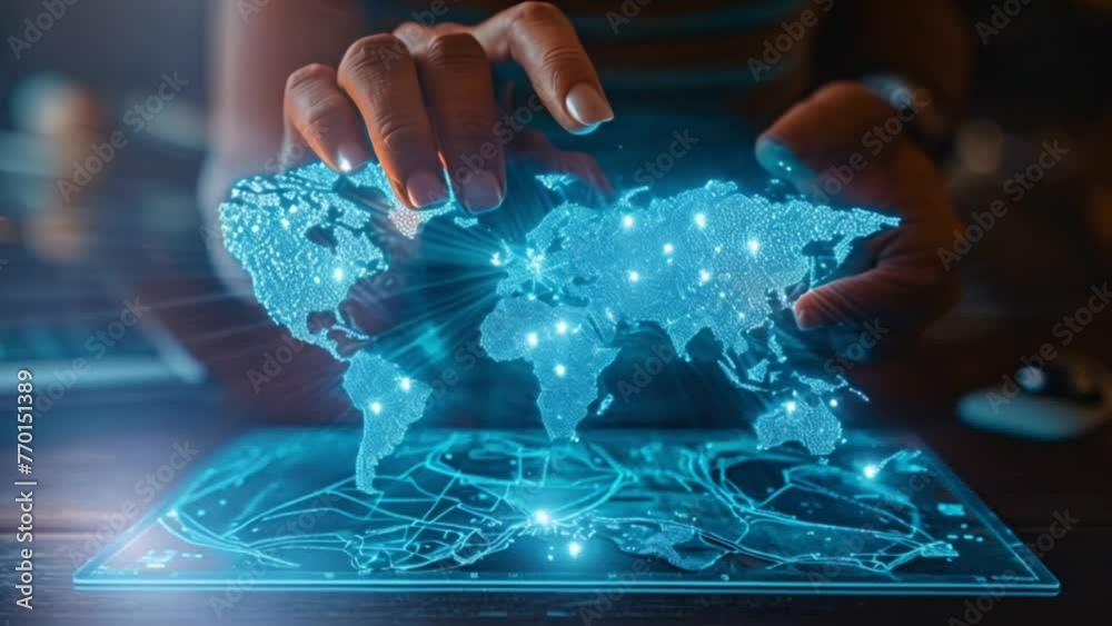 person interacting with 3D earth map digital hologram display ...