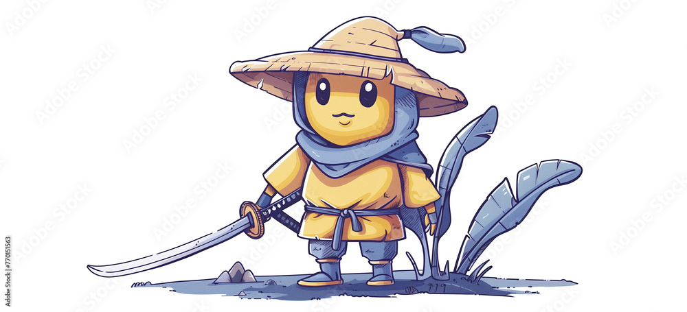Cartoon illustration of very cute kawaii anime styled samurai banana ...