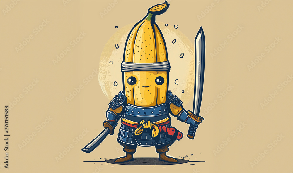 Cartoon illustration of very cute kawaii anime styled samurai banana ...