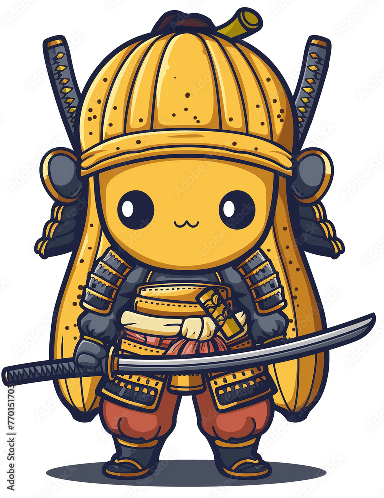 Cartoon illustration of very cute kawaii anime styled samurai banana ...