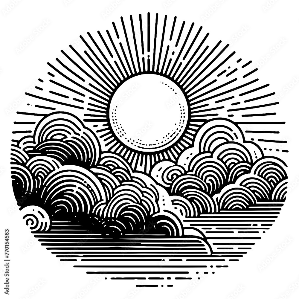 Stylized Sun Clouds Engraving Illustration PNG illustration with ...