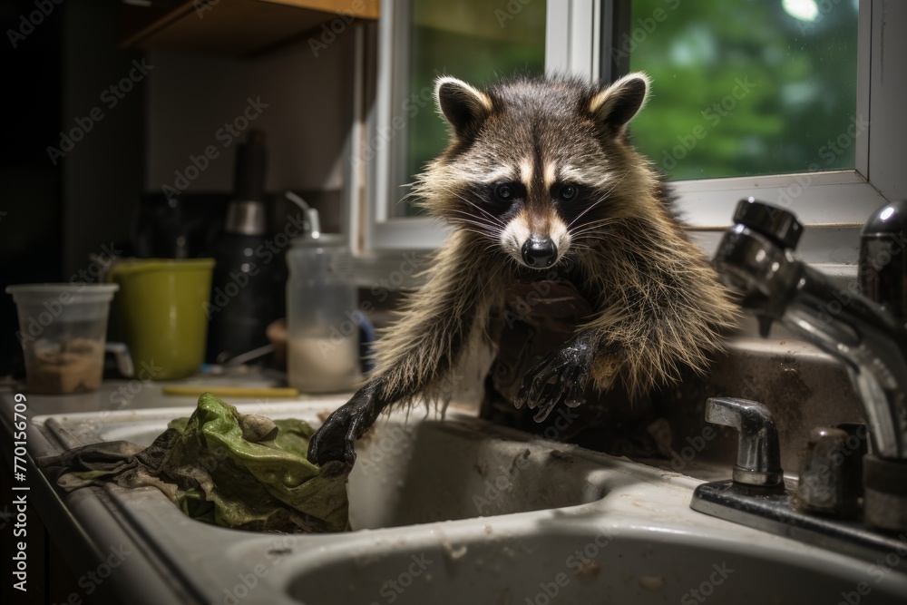 Curious raccoon exploring kitchen sink for a late-night snack ...