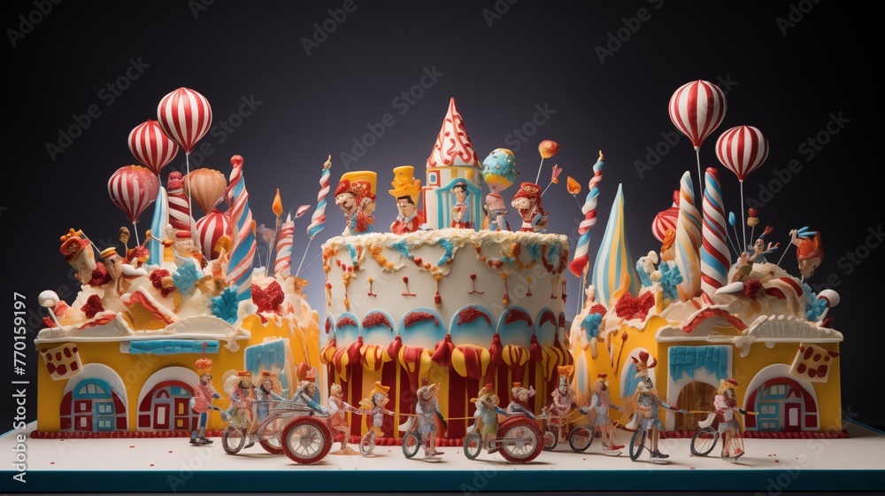 Circus carnival parade cake with edible floats, marching bands, and ...