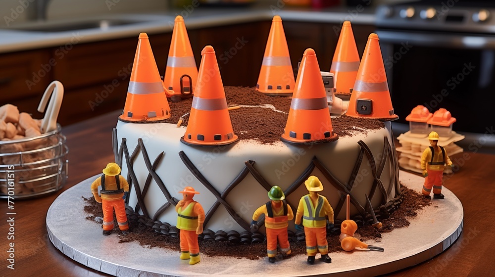 Construction site cake with edible tools, hard hats, and candles shaped ...