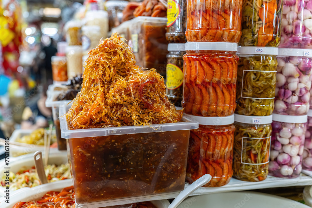 Pickeled vegetables and shrimps are offered at Chợ Bến Thành market in ...