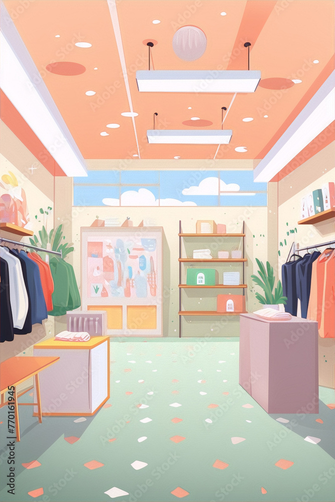 Cute cartoon interior of a clothing store with clothes on racks and ...