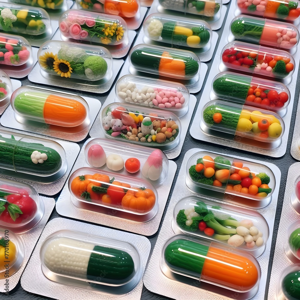 ai generated realistic 3D several mini models of various fruits and vegetables in transparent ...