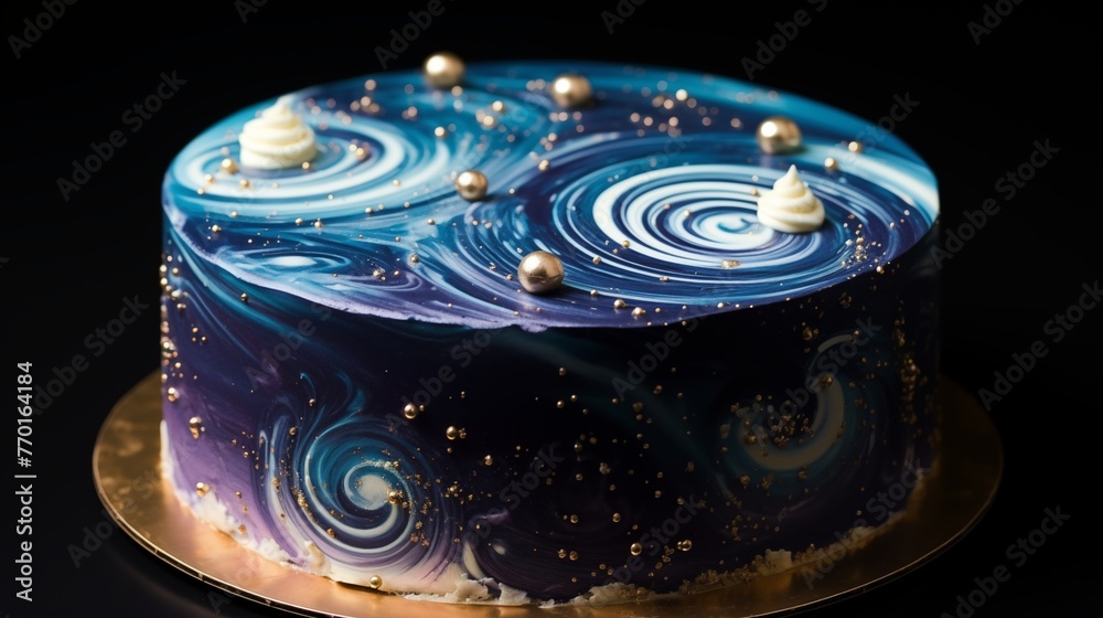 Galaxy Cake with Deep Blue Icing, Swirled White Chocolate, and Star ...