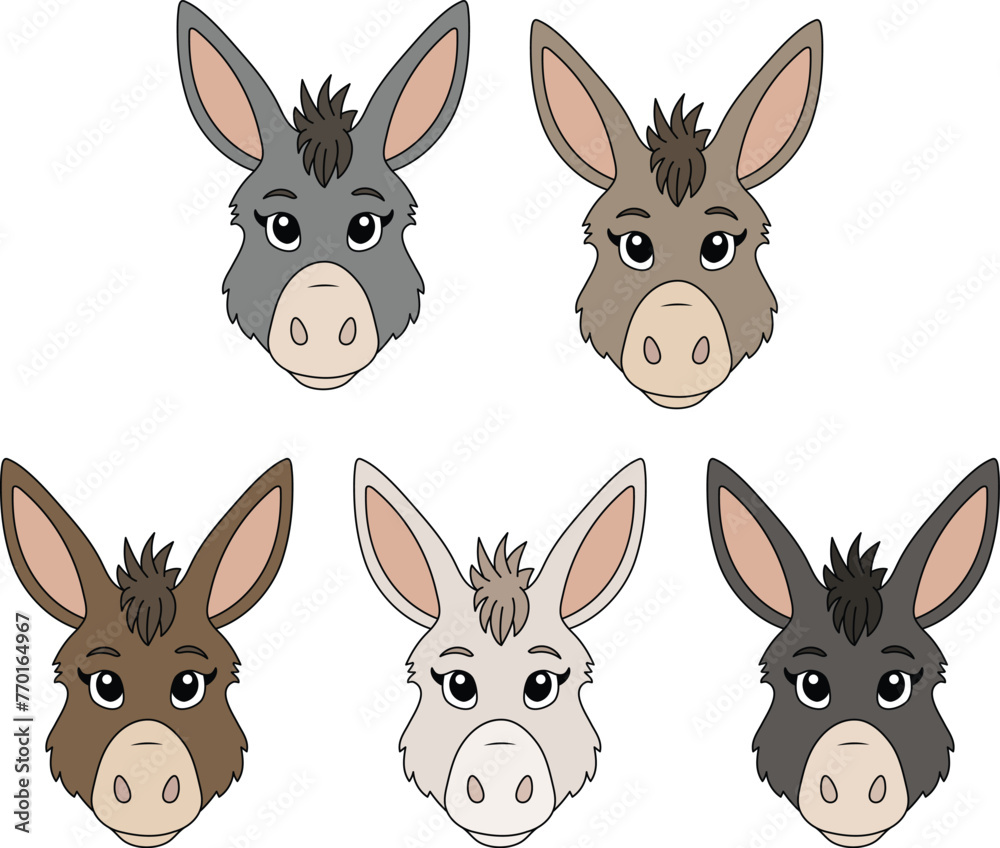 Cartoon Donkey Mule Face Clipart - Brown, Black, Grey and Beige Colors ...