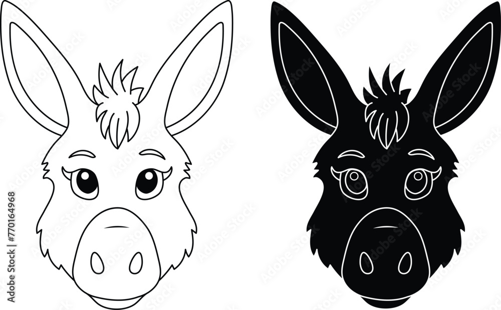 Cartoon Donkey Mule Face Clipart - Outline and Silhouette Stock Vector ...