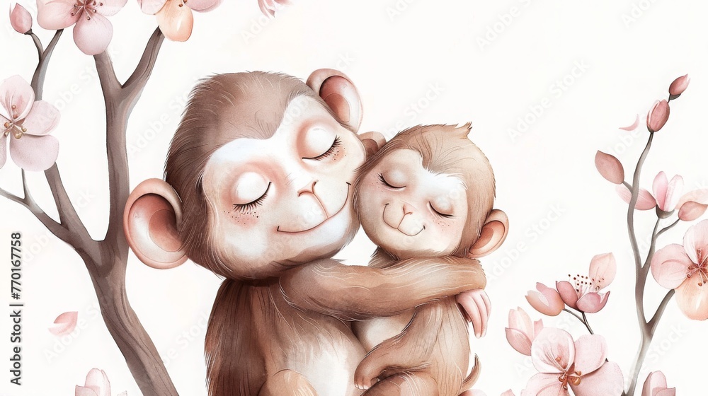 Affectionate Monkey Mother Hugging Baby Illustration, heartwarming ...