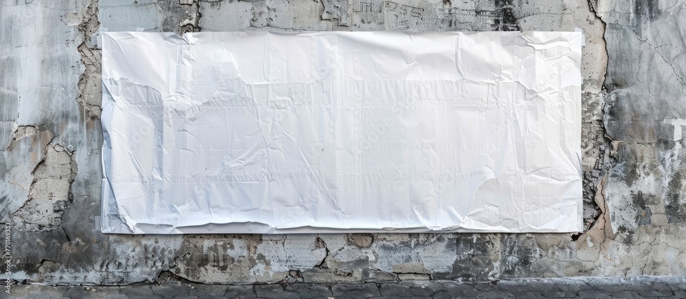 Wrinkled white poster design on a textured wall with a glued paper ...
