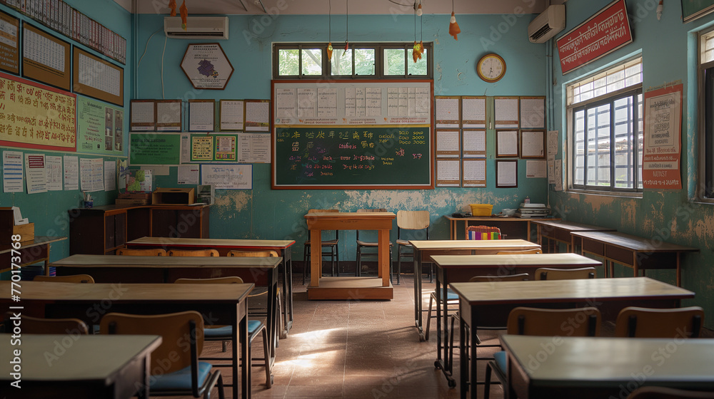 Classroom setting, rows of desks facing the teacher's podium ...