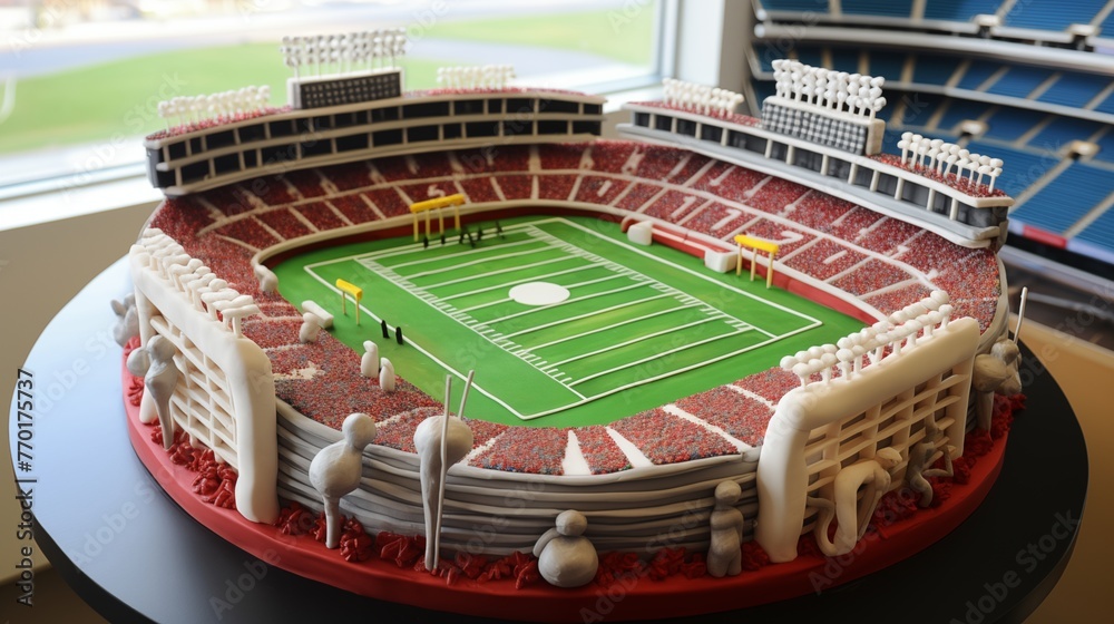 Sports stadium cake featuring edible soccer balls, basketballs, or ...