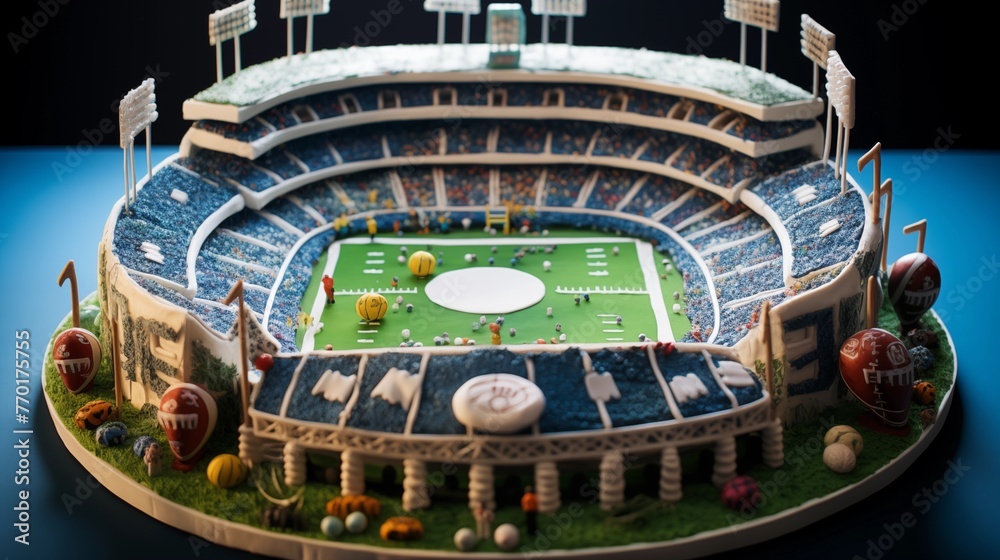 Sports stadium cake featuring edible soccer balls, basketballs, or ...