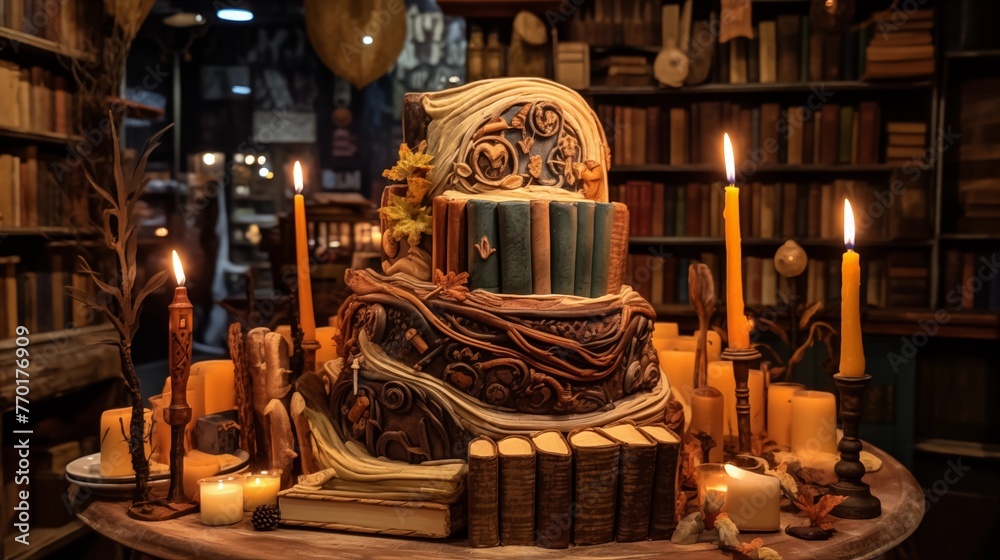 Vintage bookshop cake with edible books, reading glasses, and candles ...