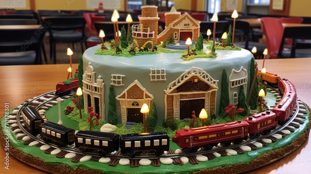 Vintage train station cake with edible trains, tracks, and candles ...