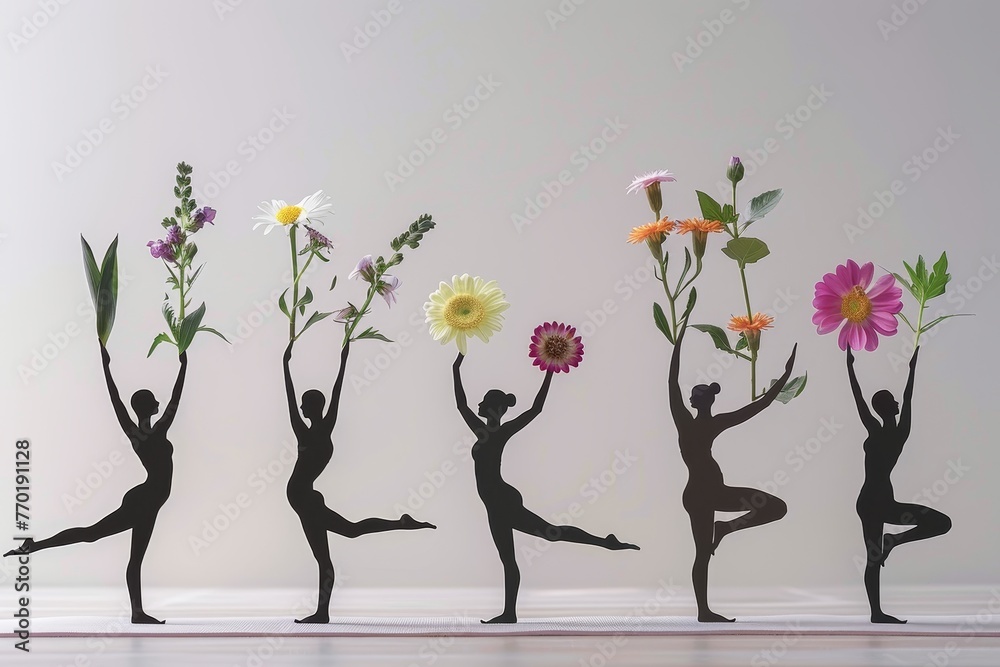 Female forms in yoga poses, with each posture accented by different ...