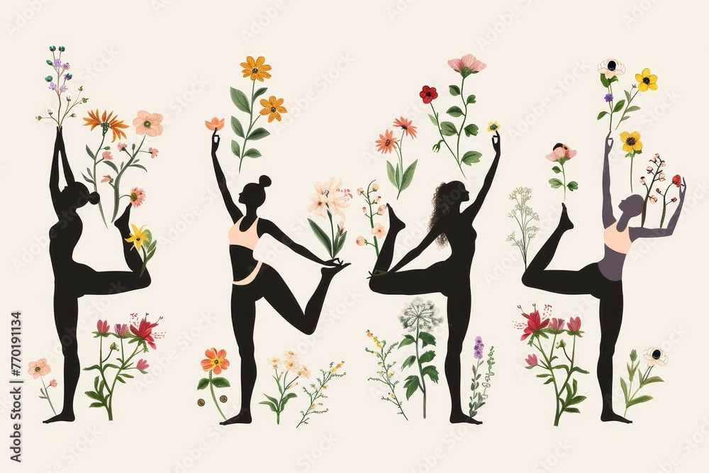 Female forms in yoga poses, with each posture accented by different ...