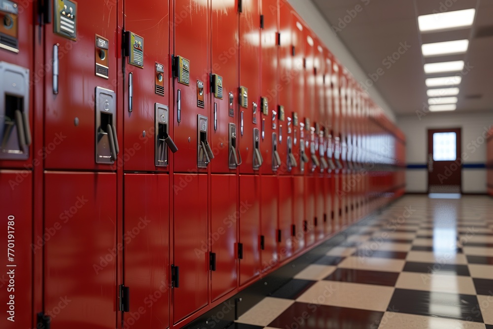Red lockers in school corridor, Ai Generated Stock Photo | Adobe Stock