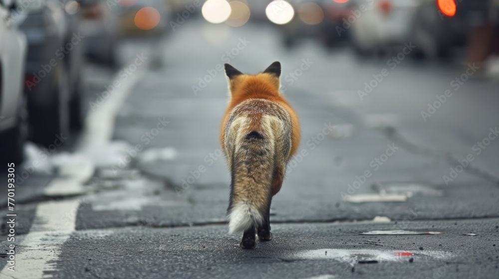 The furry back of a fox as it navigates a city street its bushy tail ...