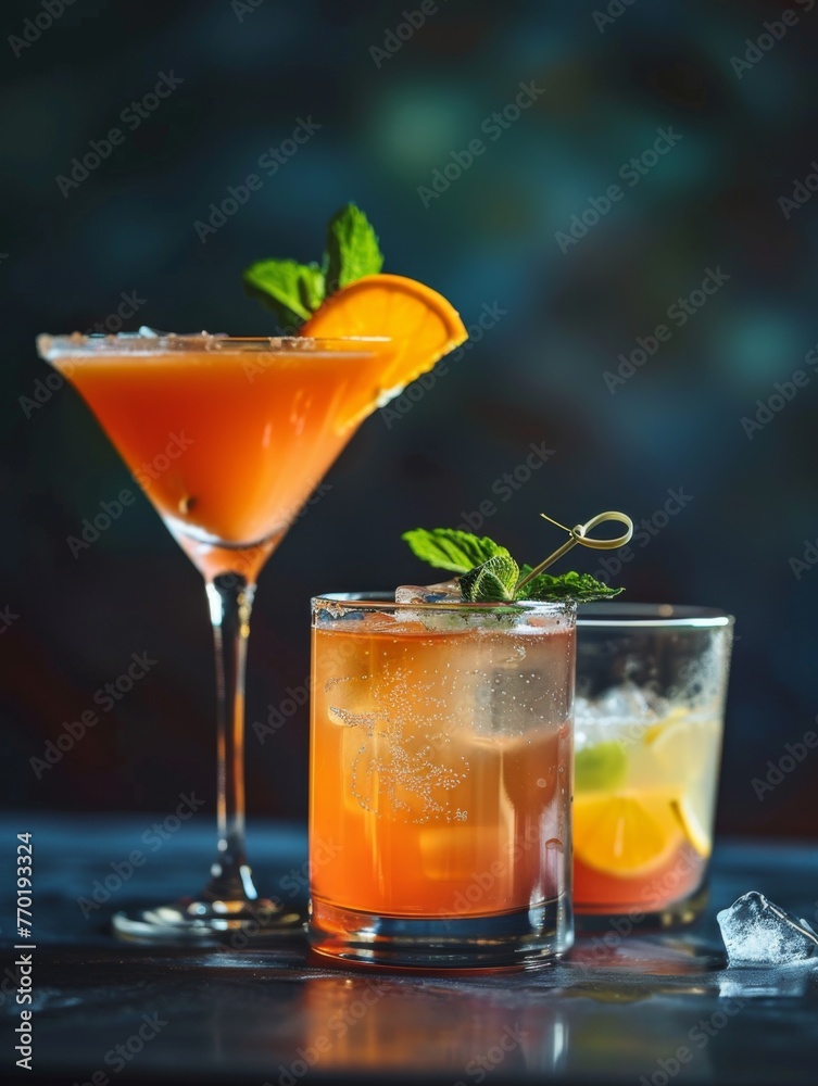 Assorted cocktails with vibrant colors on bar - A vibrant display of ...