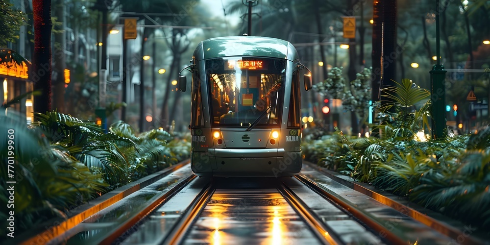Ecofriendly urban tram in modern city landscape promoting green ...