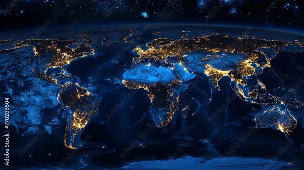 A detailed map of the world illuminated by city lights during the night ...