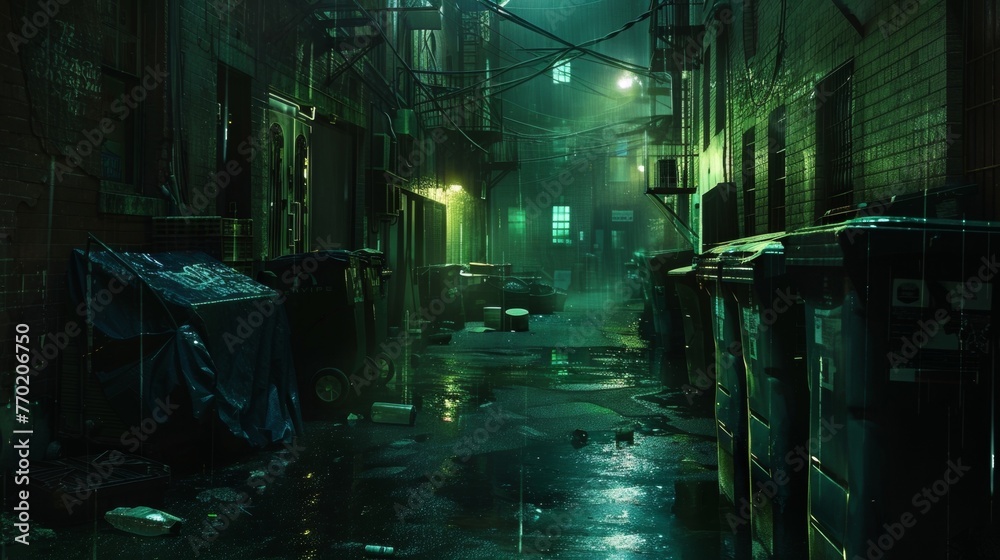 A dingy alleyway illuminated by the soft glow of a streetlight and ...