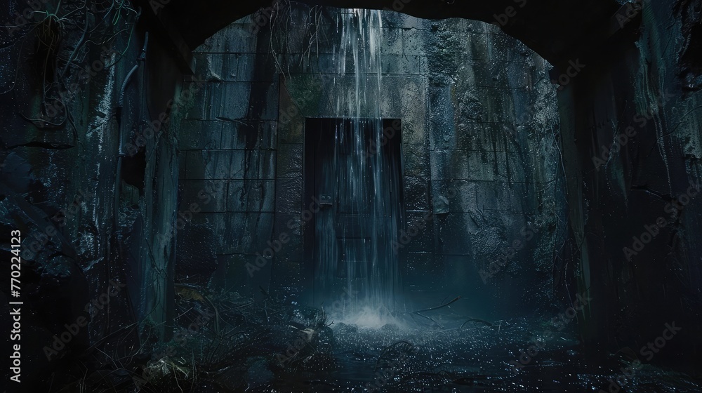 house exterior dark door wide shot of brutalist ancient brutalist ...