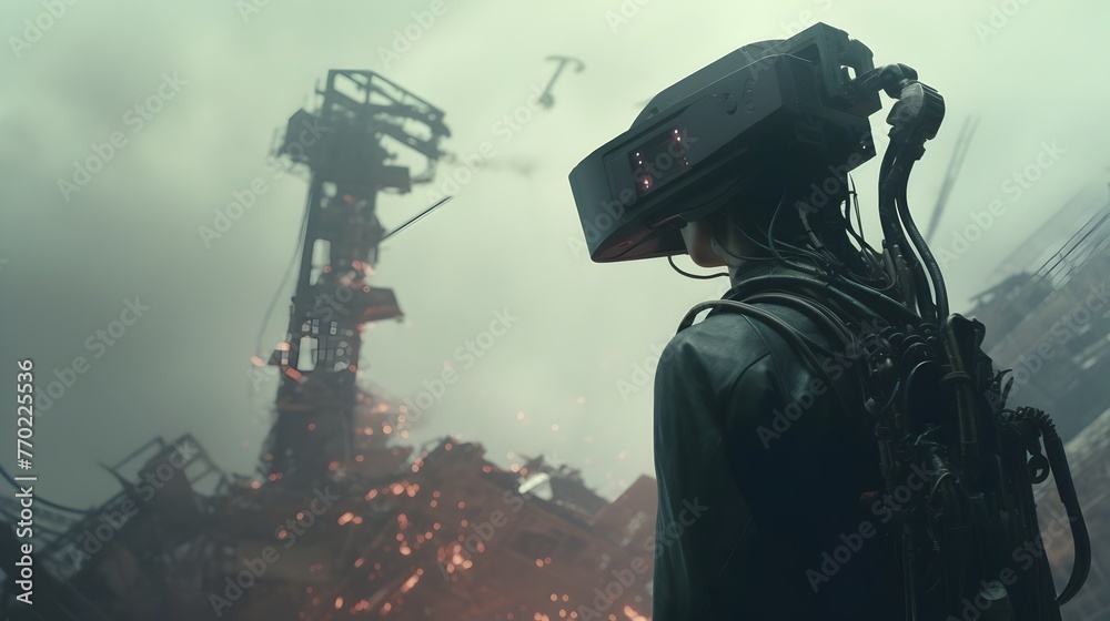 Enigmatic Cyborg Navigating Ominous Futuristic Virtual Reality Setting ...