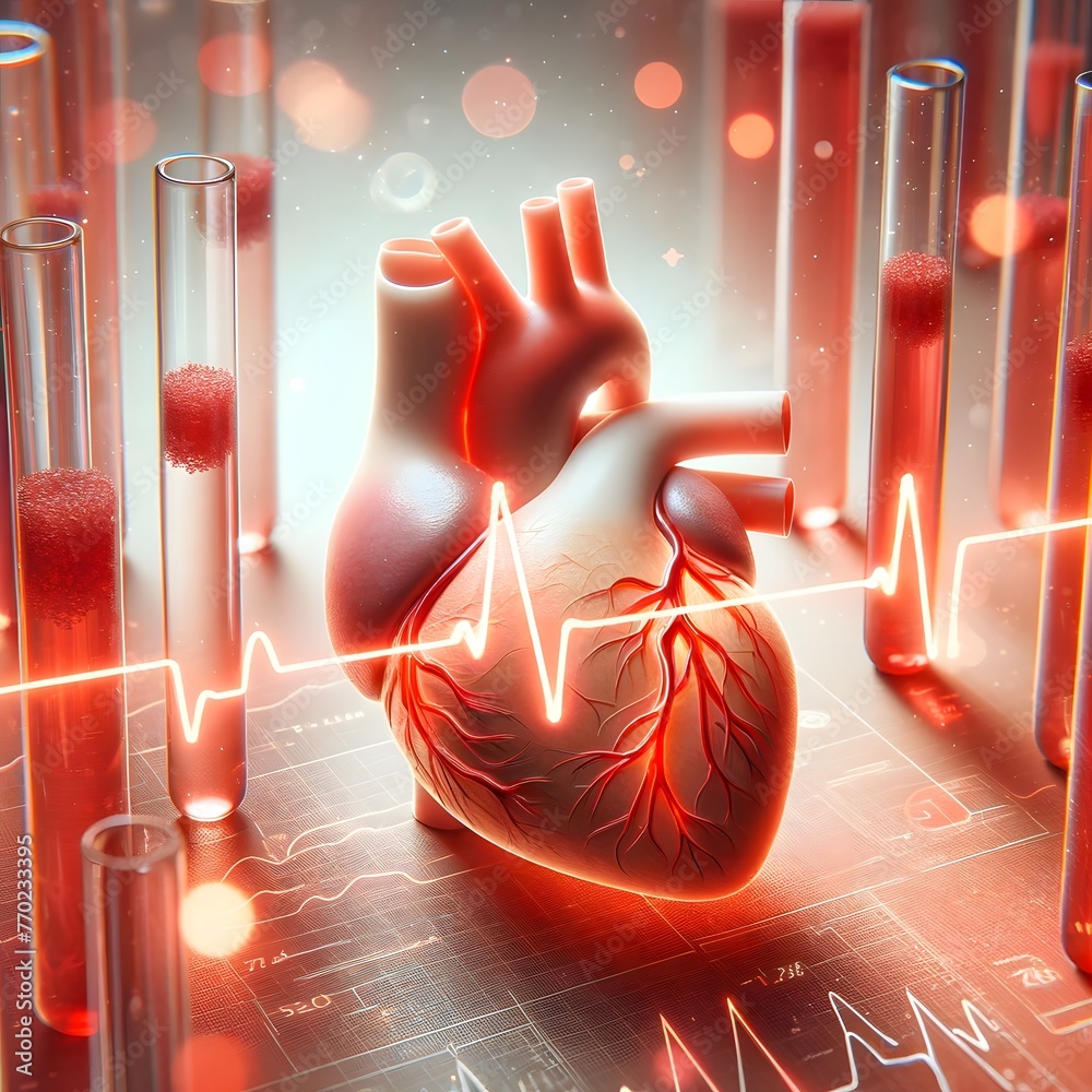 human heart with an overlay of an electrocardiogram pulse line, set ...