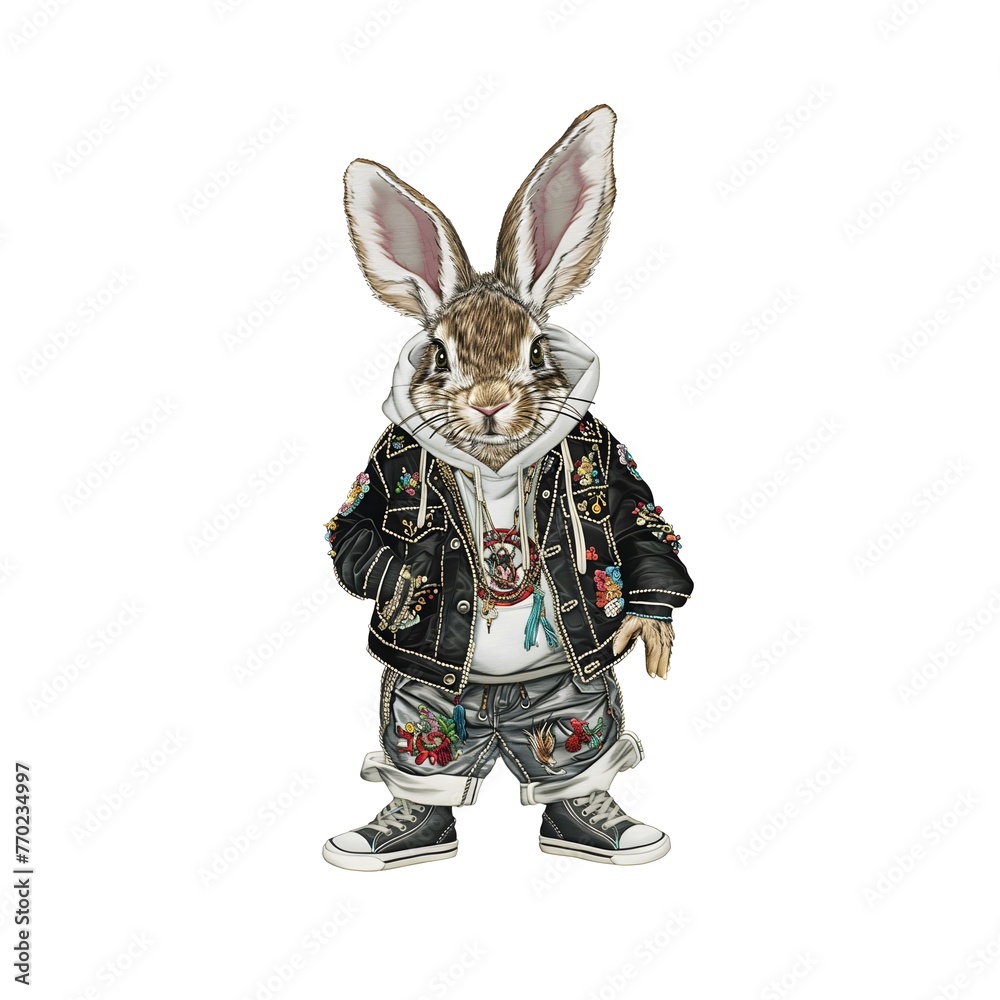 Gray rabbit wearing a jacket, street fashion, dressed as a street gang ...