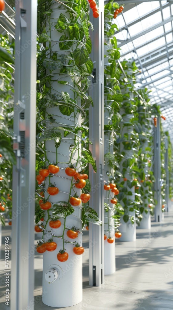 Vertical hydroponic towers in a warehouse, efficiently growing tomatoes ...