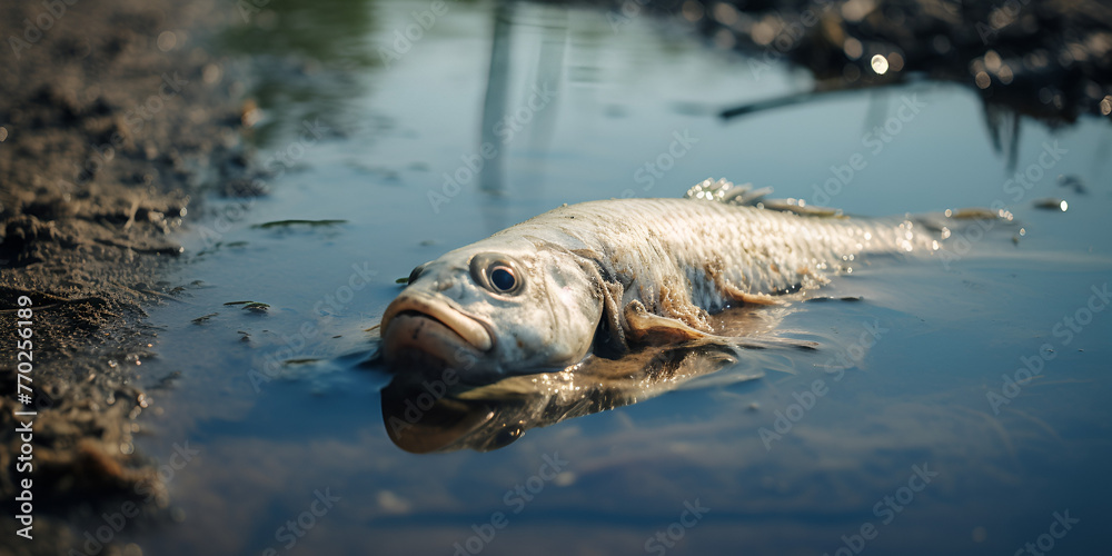 Death Fish, Dead fish on the river, chemical waste spill, with floating ...