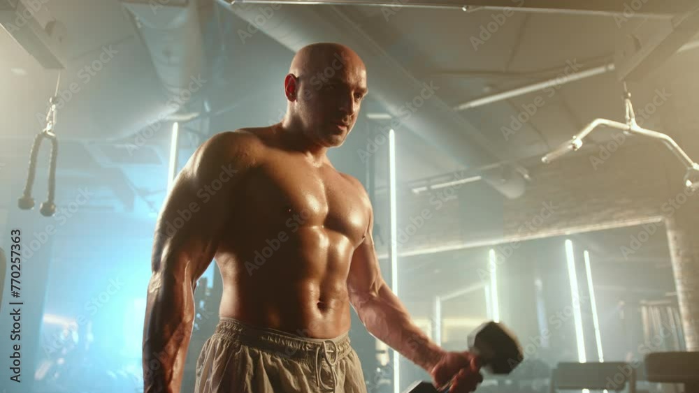A muscular man with a shaved head is intensely working out his biceps ...
