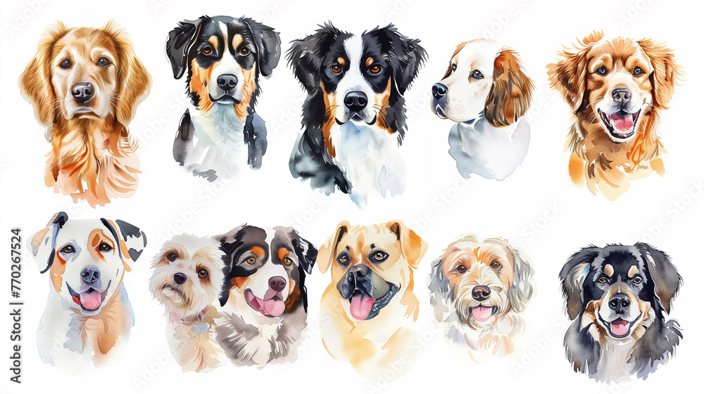 A dynamic artwork of dogs illustrated with a watercolor technique ...