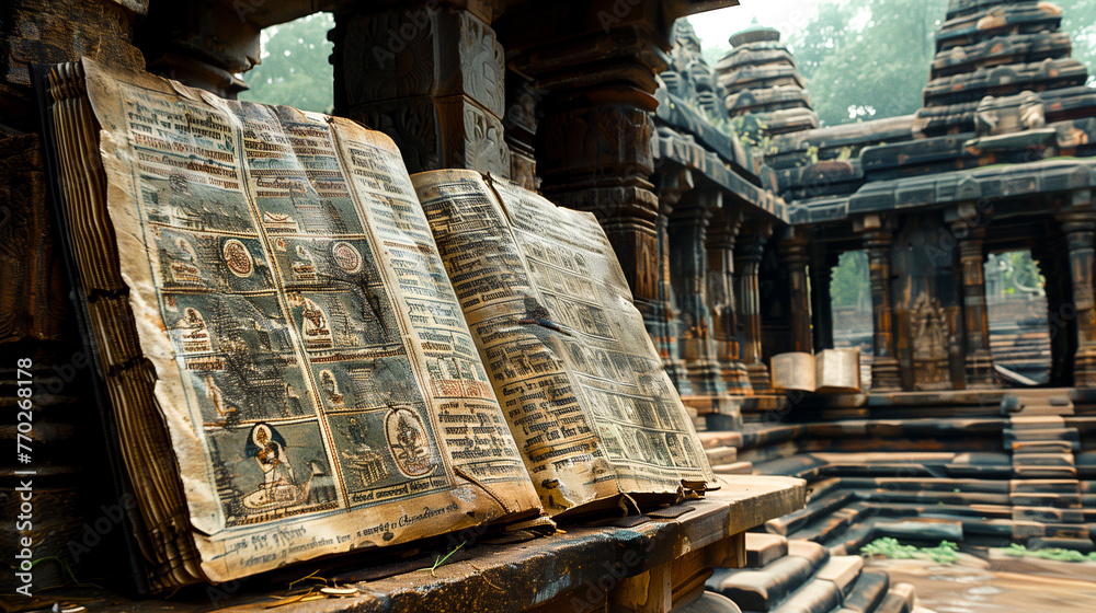 Ancient sacred texts on a lectern with a temple background, invoking ...