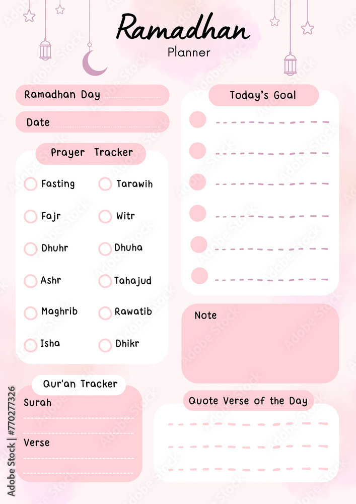 Printable Ramadan Planner Template with Pink Theme for School, Work ...