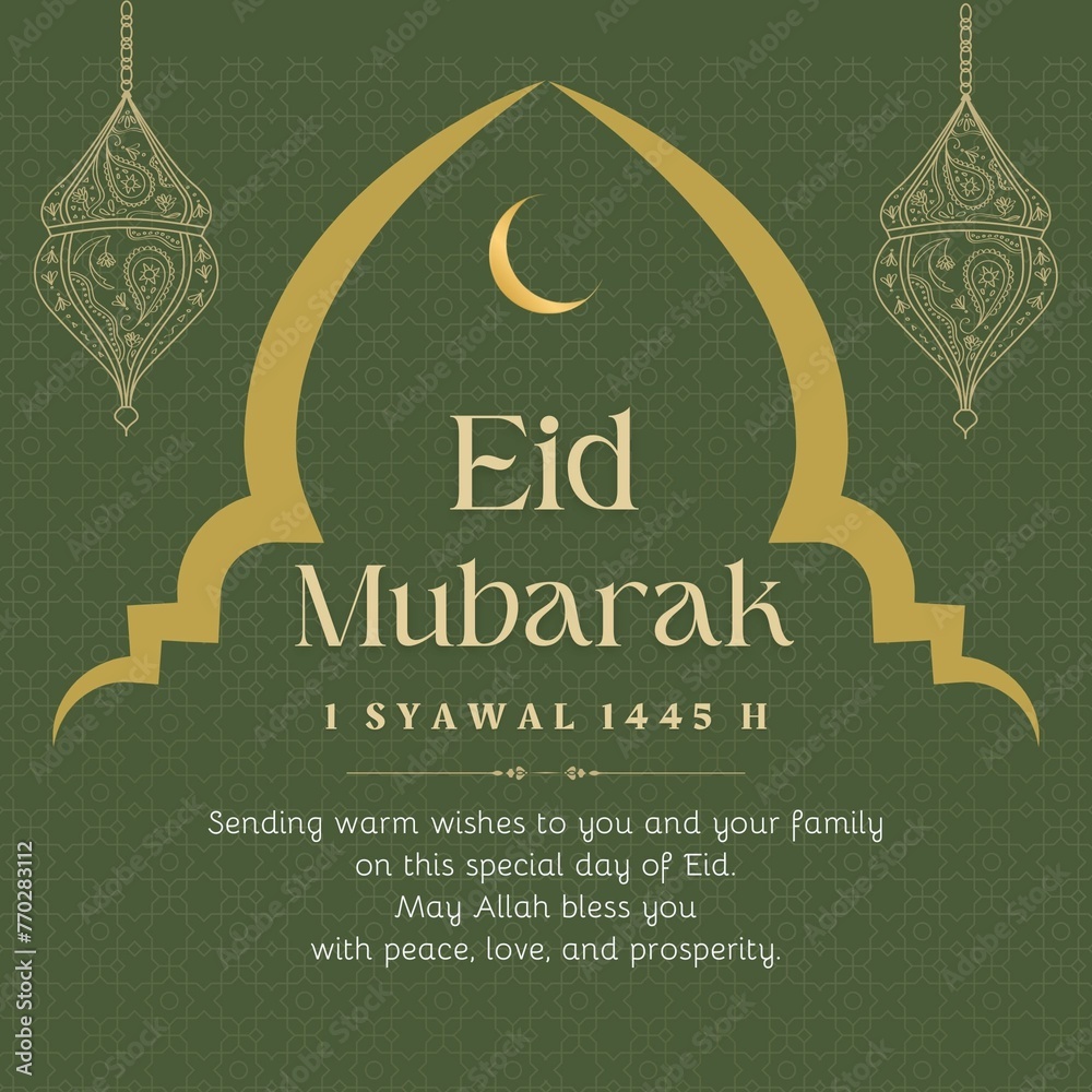 Green Themed Eid Mubarak 1 Syawal 1445 H Greeting Card with Gold ...
