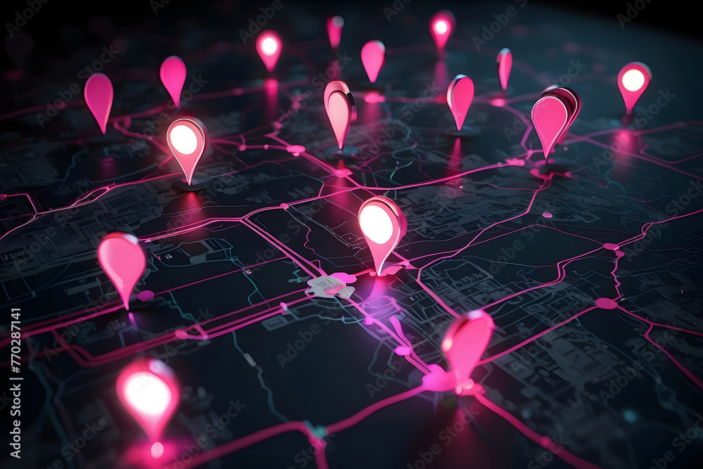 Vibrant digital map with glowing pink location pins on a dark ...