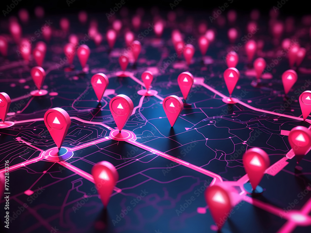 Vibrant digital map with glowing pink location pins on a dark ...